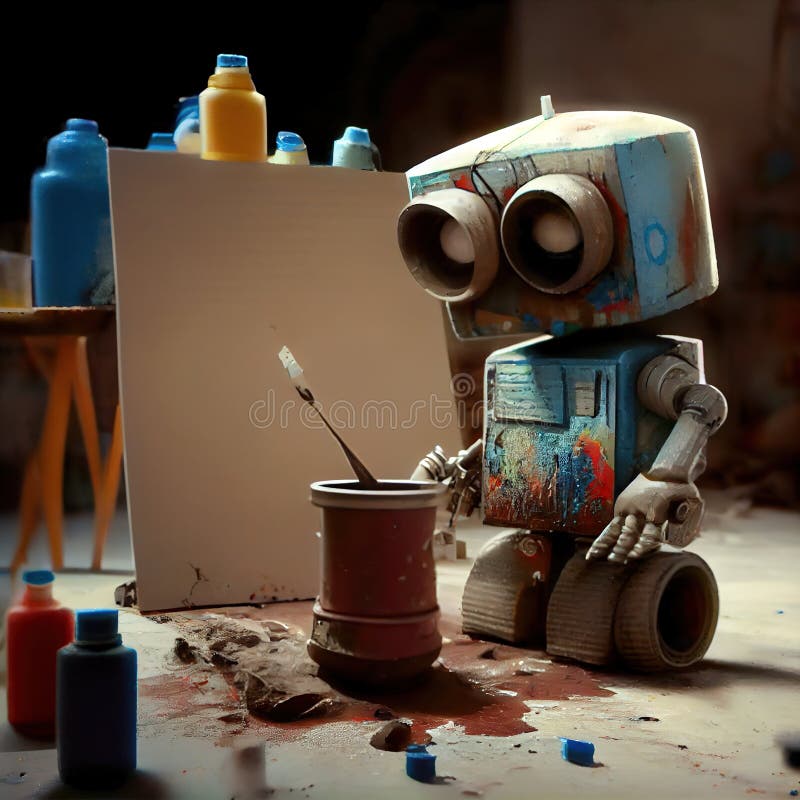 Generative AI:cute Robot Painting Technological Progress, Cartoon Style ...