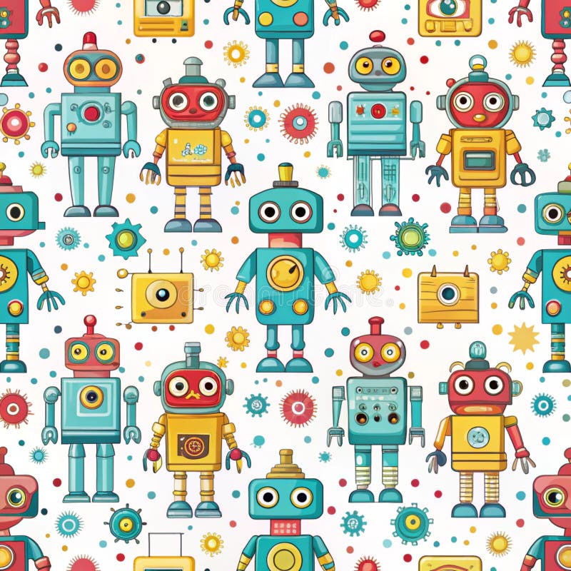 Cute Robot Pattern on White Background Stock Illustration ...
