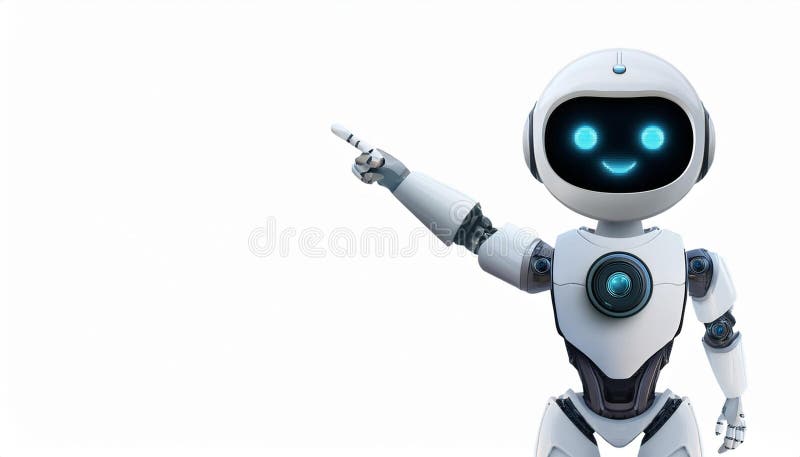 Cute Robot Pointing at a Space Isolate on White Background PNG Stock ...