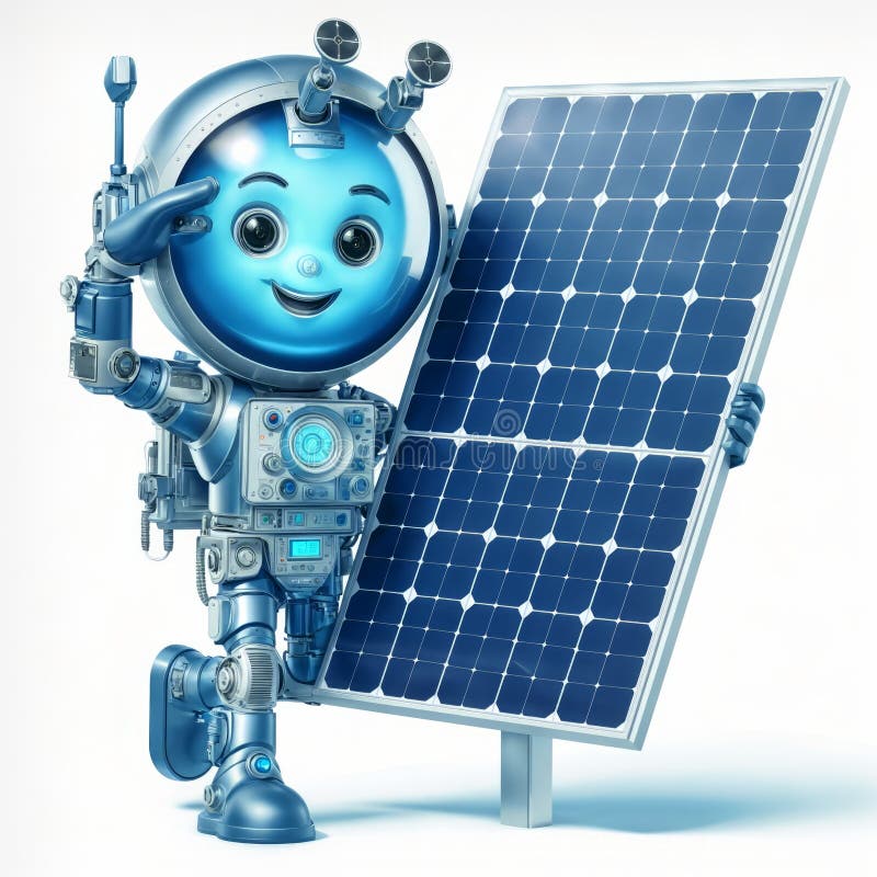 Cute Robot with Solar Panel on White Background. 3d Rendering ...
