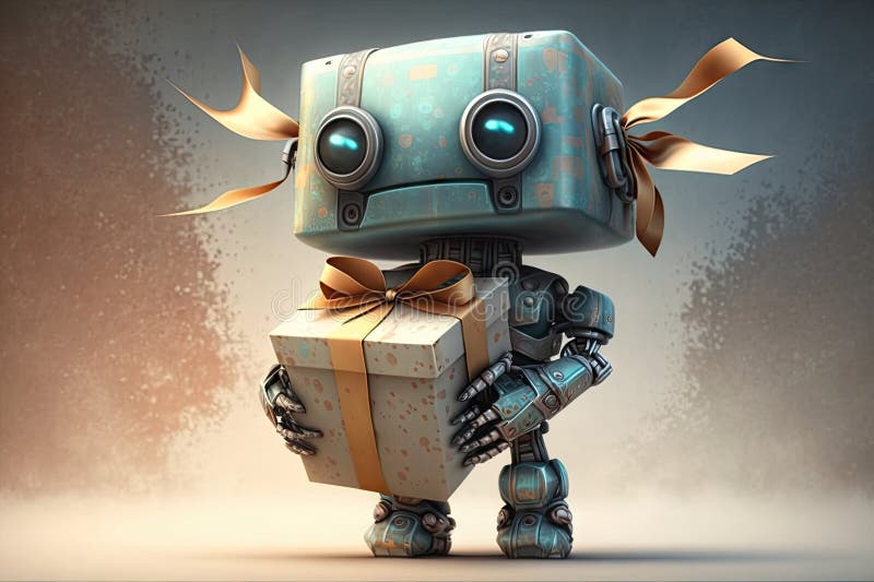 Cute Robot, Presenting Wrapped Gift Box with Bow To the Viewer Stock ...