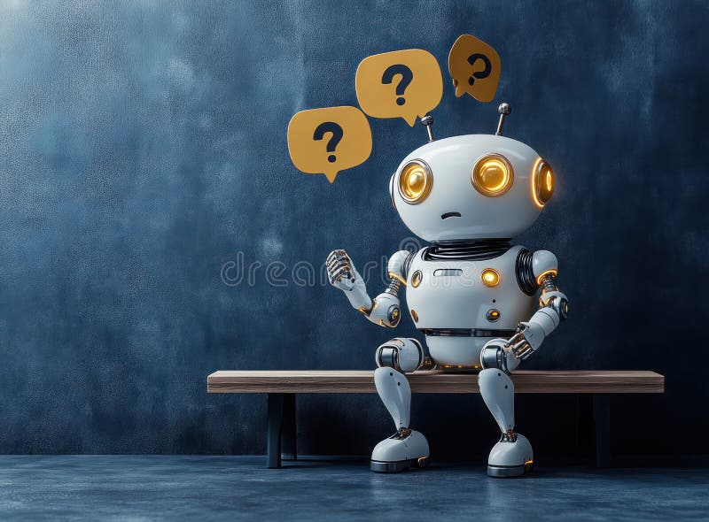 Cute Robot with Question Mark Speech Bubbles on Bench, High Resolution ...