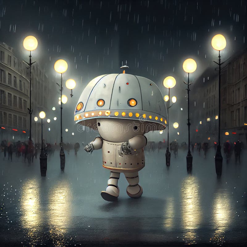 Generative AI:cute Robot in the Rain Technological Progress, Cartoon ...