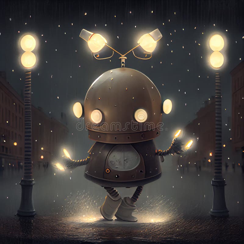 Generative AI:cute Robot in the Rain Technological Progress, Cartoon ...