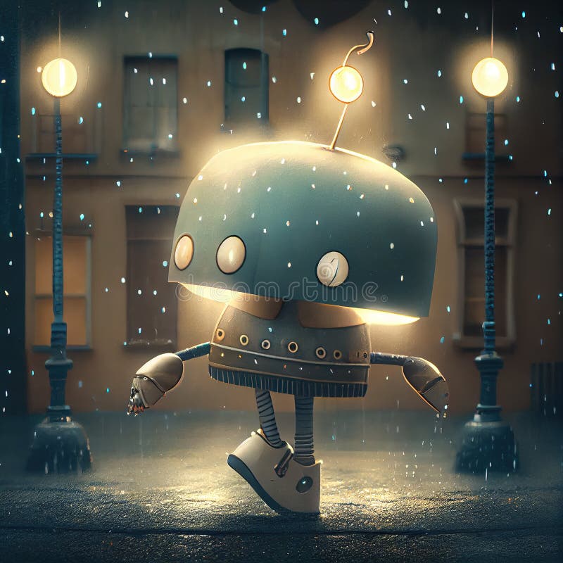 Generative AI:cute Robot in the Rain Technological Progress, Cartoon ...