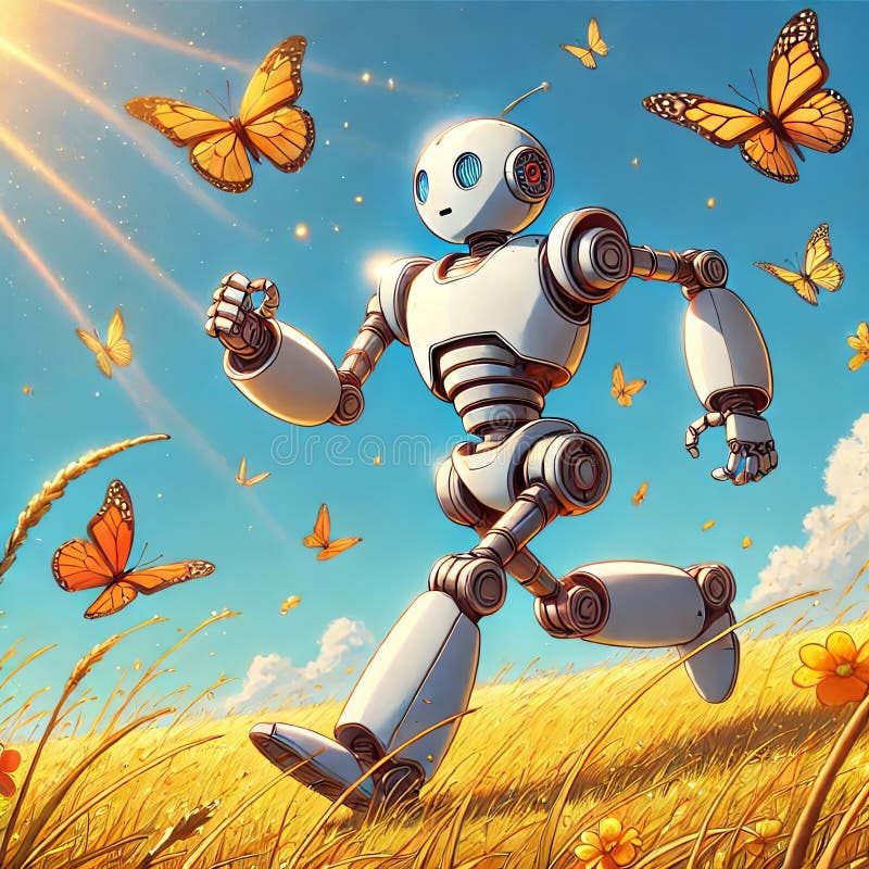 Cute Robot Reaching for Monarch Butterflies Stock Illustration ...