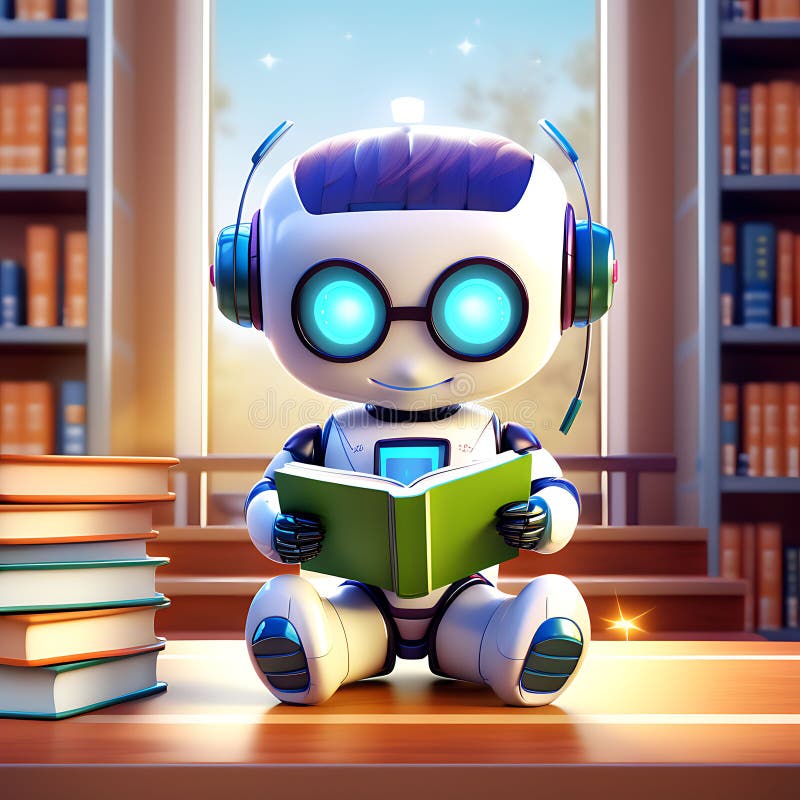 Cute Robot Reading a Book in the Library - Cartoon-style Artificial ...