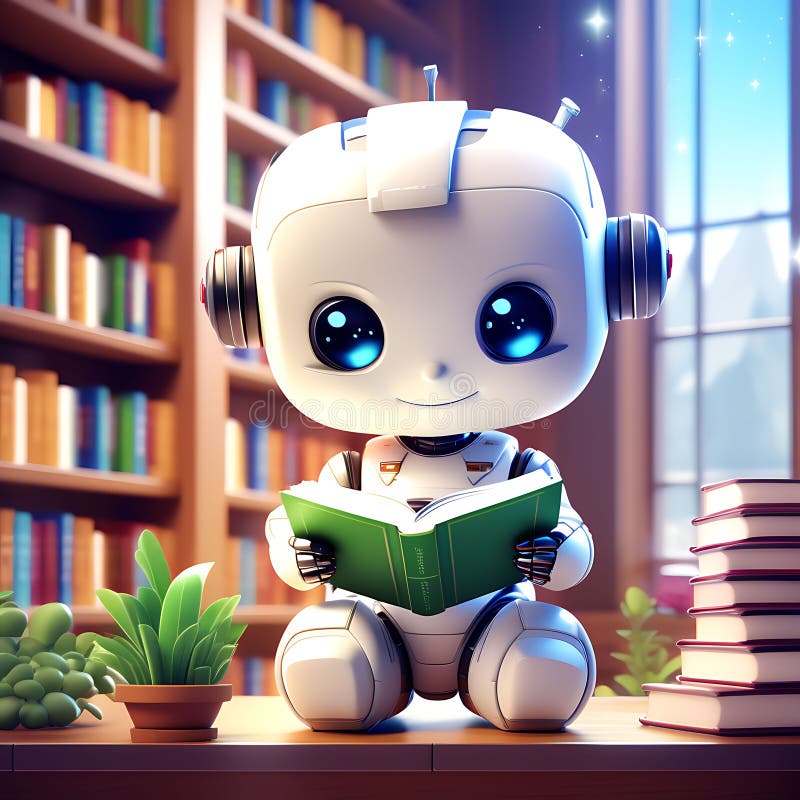 Cute Robot Reading a Book in the Library - Cartoon-style Artificial ...