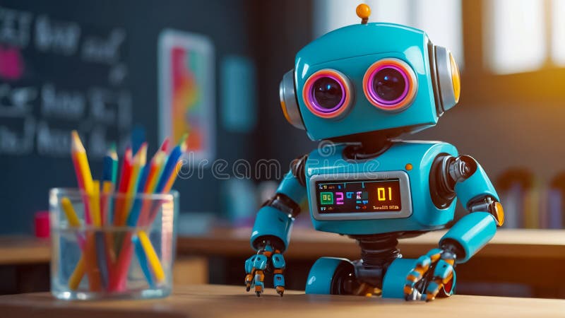 Cute Robot at School Smart Learning Stock Illustration - Illustration ...
