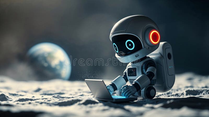 Cute Robot Sits on Moon Surface Working on Laptop Using Space Internet ...