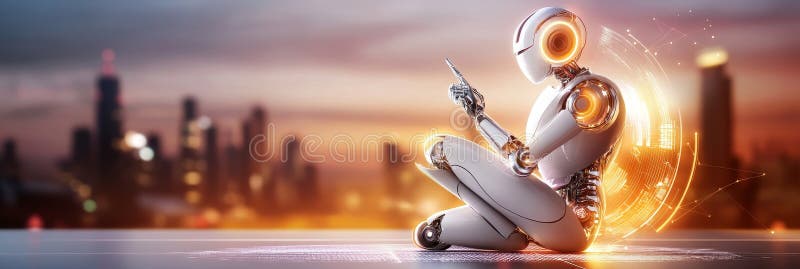 Cute Robot Sitting in Futuristic Background Technology a Charming Robot ...