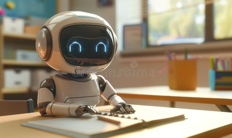 Cute Robot Sitting at Table in School Classroom. Education Concept ...