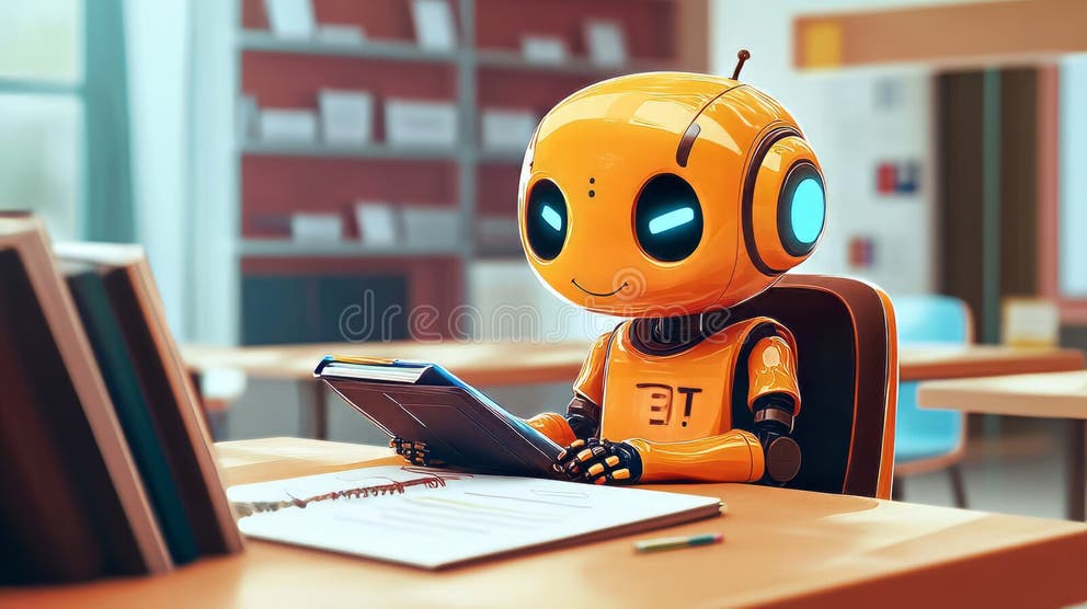 Cute Robot Student Studying in Classroom Stock Illustration ...
