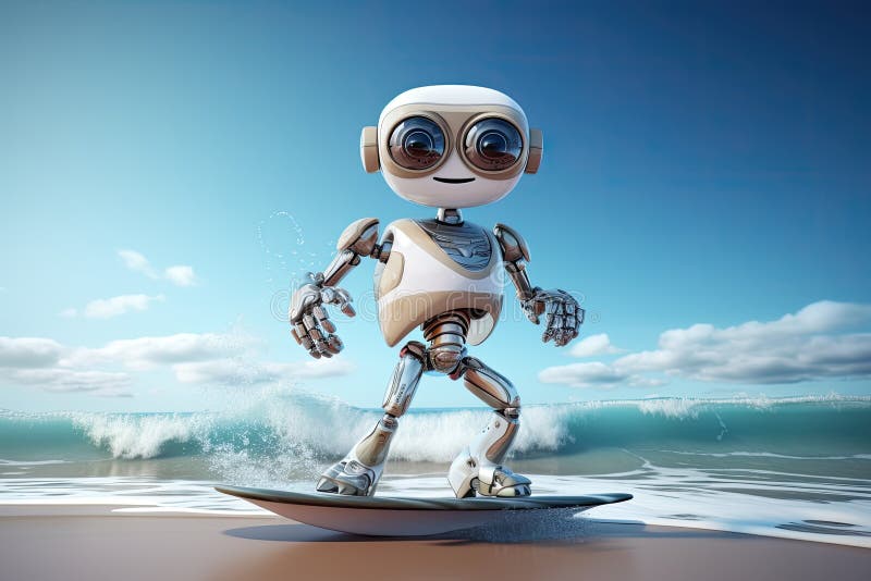 Cute Robot on Surfboard Surf a Wave on Tropical Beach AI Generated ...