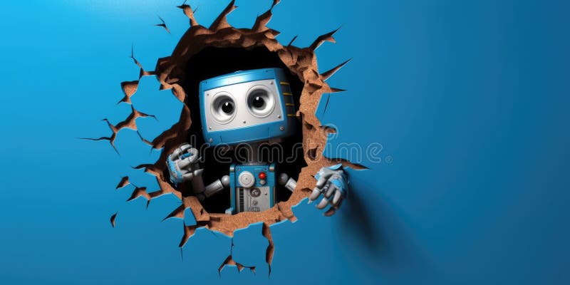 Cute Robot Toy Peeking Out of a Hole in Wall, Torn Hole, Empty Copy ...