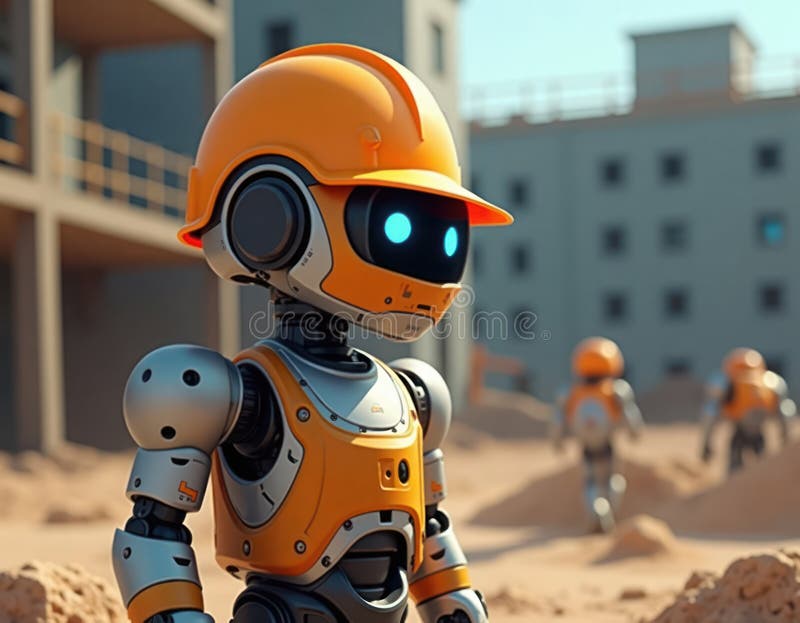 Cute Robot Wearing Orange Hard Hat. Construction Site Background ...