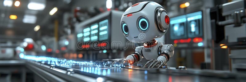 Cute Robot Working on Assembly Line in Factory Scene Stock Illustration ...