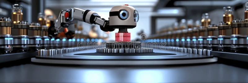 Cute Robot Working with Gears in a Factory Setting Stock Illustration ...