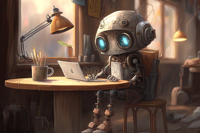 Cute Robot, Working on an Important Project for Work, in Quiet and ...