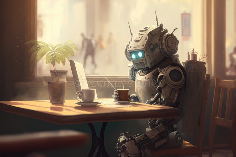 Cute Robot, Working on an Important Project for Work, in Quiet and ...