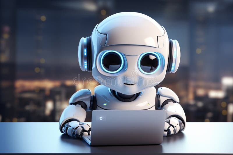 Cute Robot Working on a Laptop. 3d Render. Technology Concept Stock ...