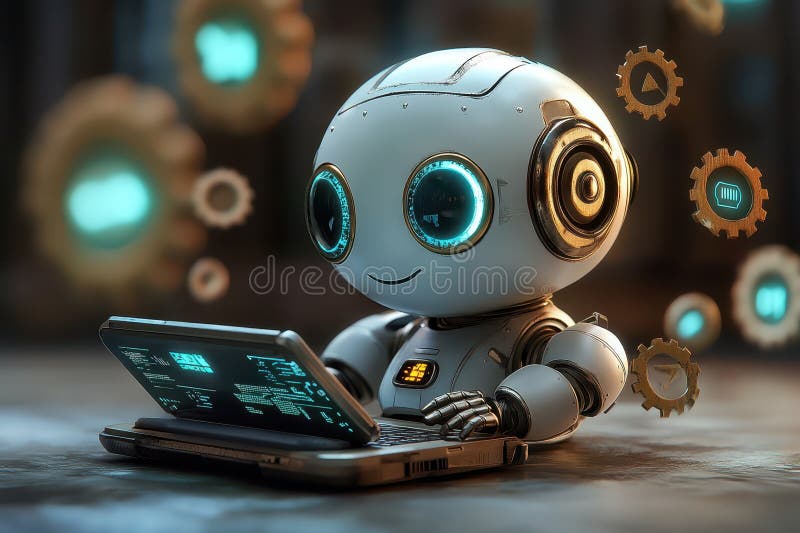 Cute Robot Working on Laptop Futuristic Technology Artificial Intelligence Stock Illustration ...