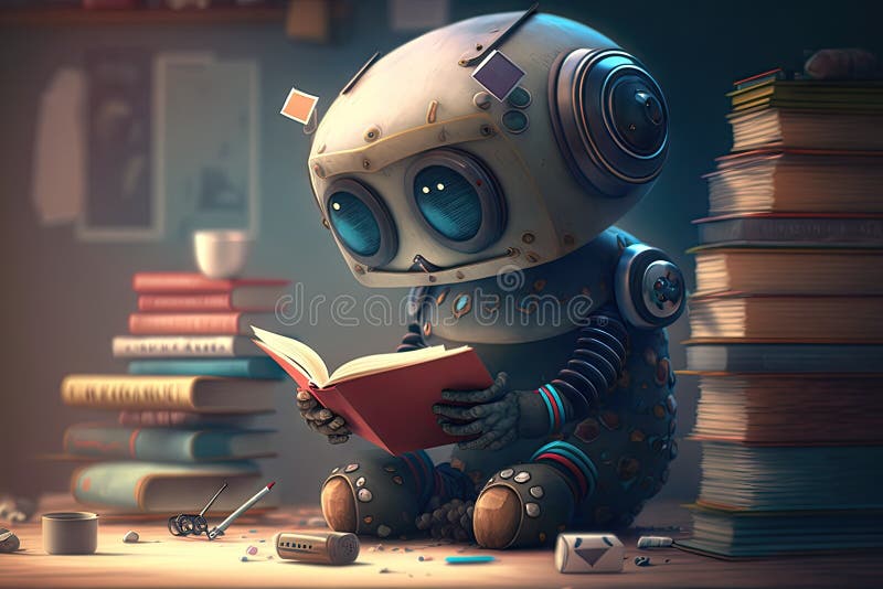 Cute Robot Working on School Project, Surrounded by Books and Notes ...