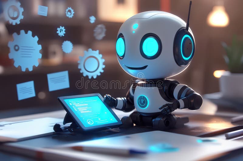 Cute Robot Working on Tablet Digital Gears Stock Illustration ...