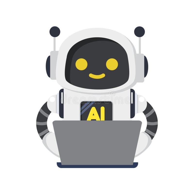 Cute Robot Works with a Laptop Stock Vector - Illustration of cyborg ...