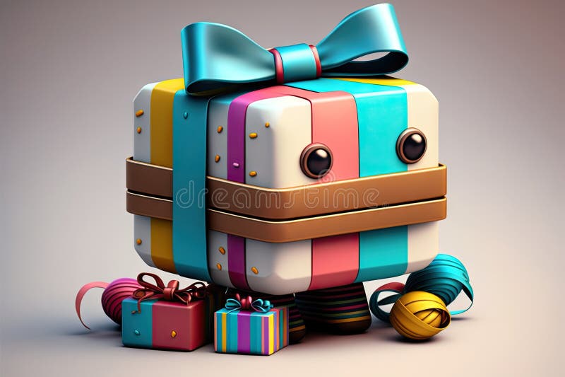 Cute Robot Wrapping Gift Box with Colorful Ribbons and Bows Stock ...