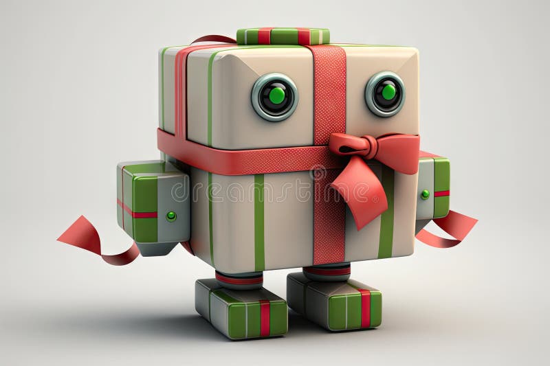 Cute Robot Wrapping Gift Box with Red and Green Ribbons Stock ...