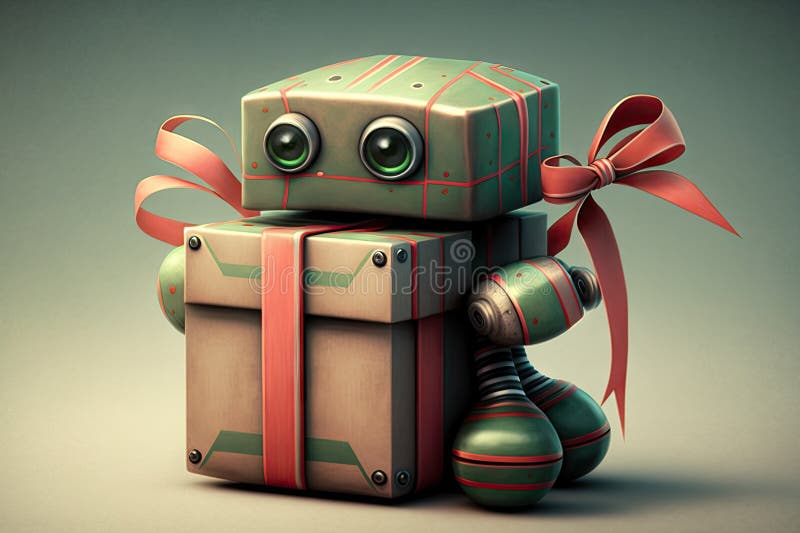 Cute Robot Wrapping Gift Box with Red and Green Ribbons Stock ...