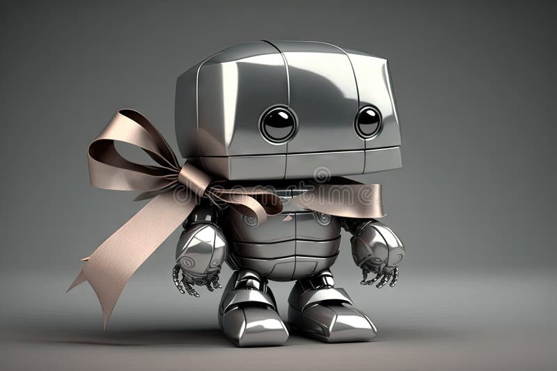Cute Robot Wrapping Present with Delicate Silver Ribbon Stock ...