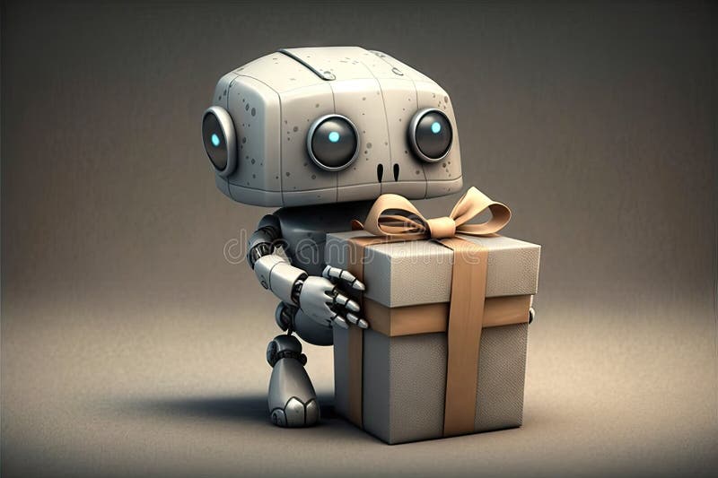 Cute Robot Wrapping Present with Delicate Silver Ribbon Stock ...