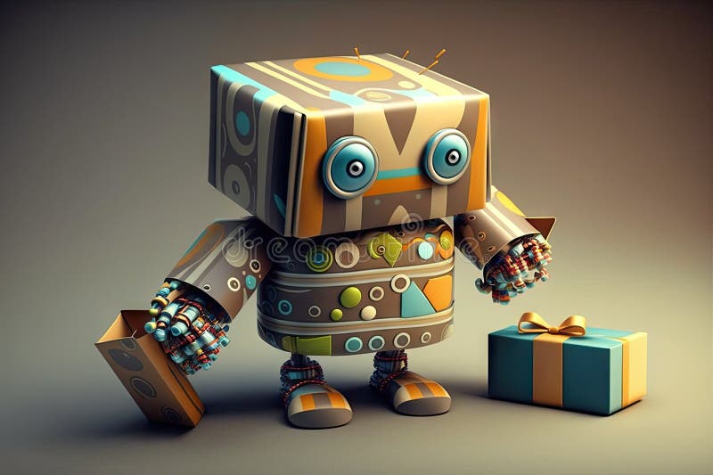 Cute Robot Wrapping Present with Different Color and Pattern Papers ...