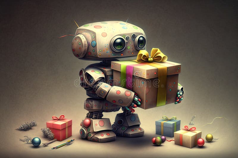 Cute Robot Wrapping a Present, with Different Types of Paper and Bows ...