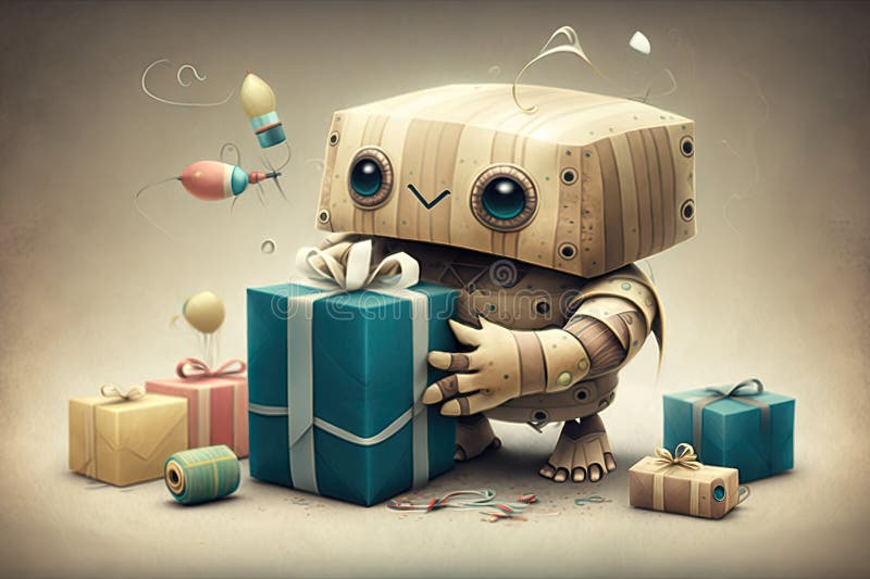 Cute Robot Wrapping a Present, with Different Types of Paper and Bows ...