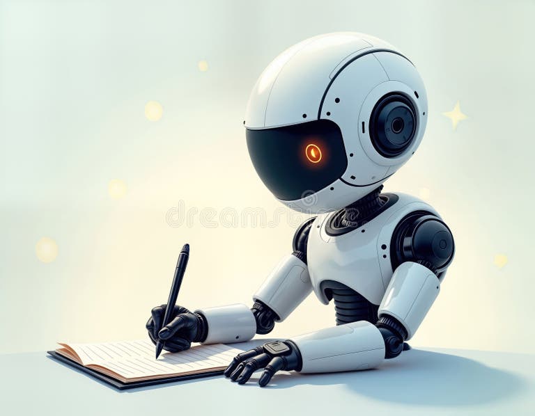Cute Robot Writing on Notebook. Futuristic Tech Concept. Creative Robot ...