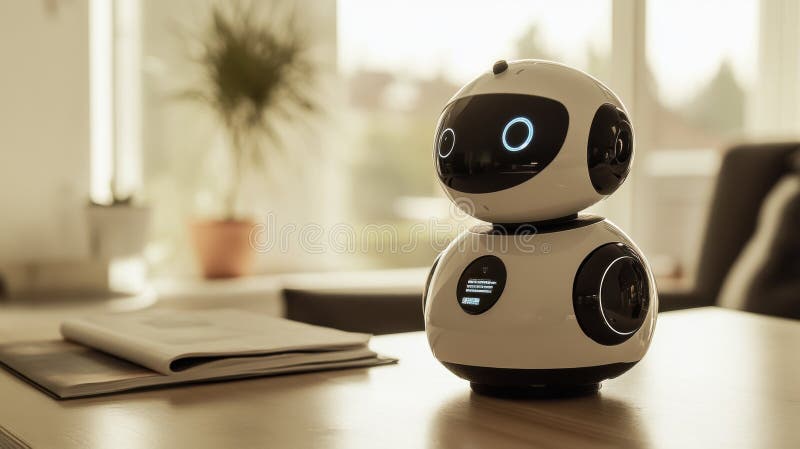 Cute Robotic Assistant with Glowing Eyes on a Table Stock Illustration ...