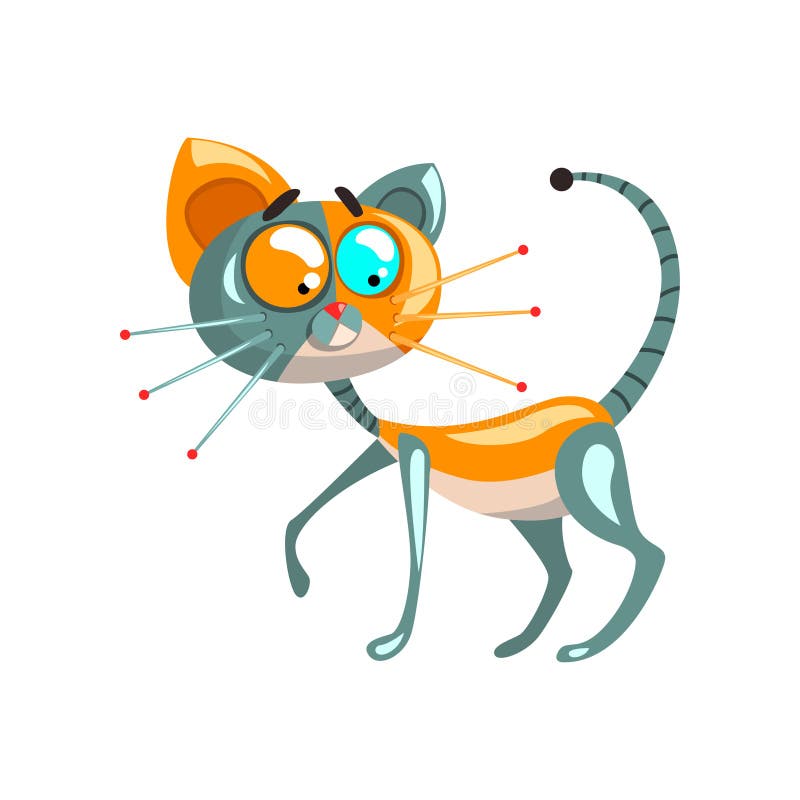 Cute Robotic Cat with Metal Tail and Whiskers Sitting and Walking ...