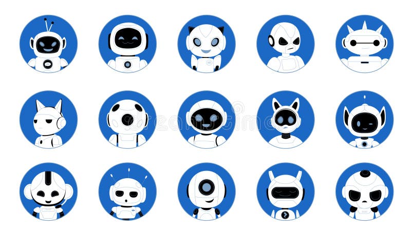 Cute Robots Avatars Set, Different Friendly Chat Bot Heads in Circles ...