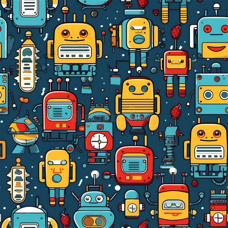 Cute Robots in Cartoon Style on Background of Space. Seamless Pattern ...