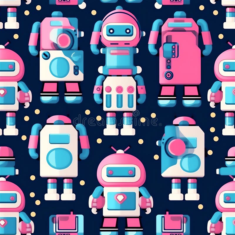 Cute Robots in Cartoon Style on Background of Space. Seamless Pattern ...