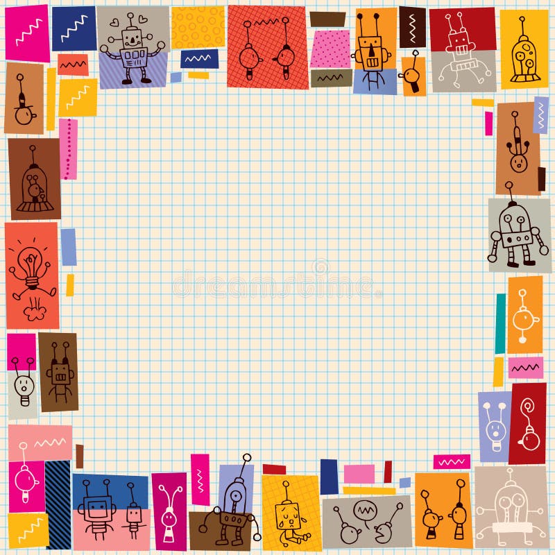 Cute Robots Collage Doodle Border Stock Vector - Illustration of border ...