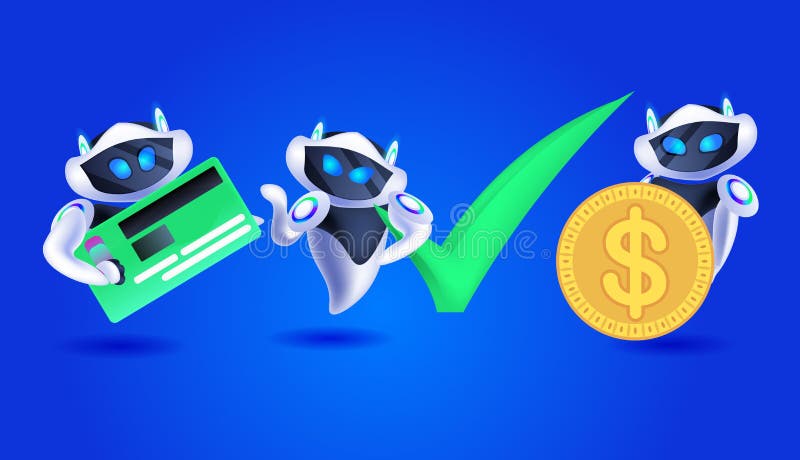 Cute Robots with Credit Card and Dollar Coin Modern Robotic Characters ...