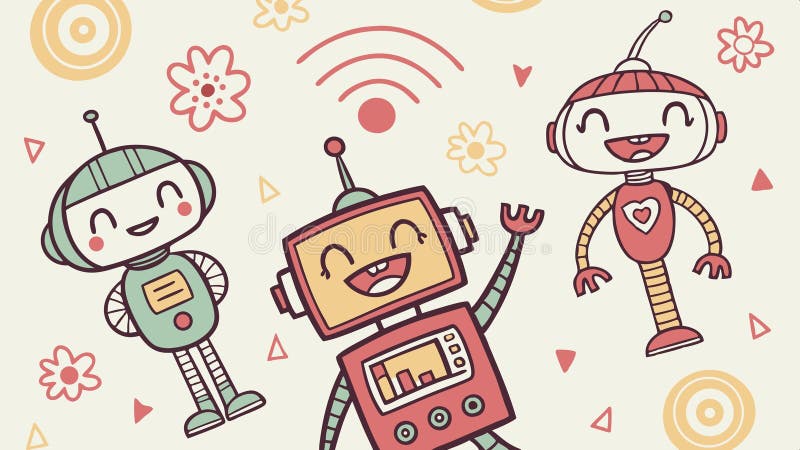 Cute Robots with Flowers, Friendly Tech and Nature. Vector Design ...
