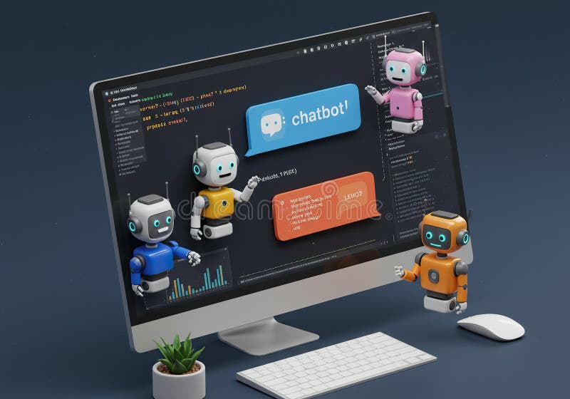Cute Robots Interacting with a Computer Screen Displaying Chatbot Interface and Code Stock ...