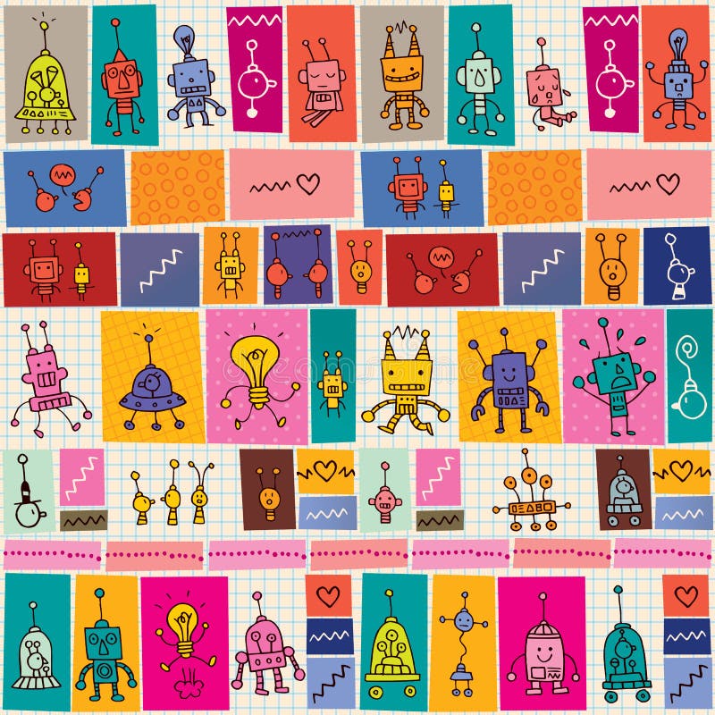 Cute Robots Collage Cartoon Retro Doodle Pattern Stock Vector ...