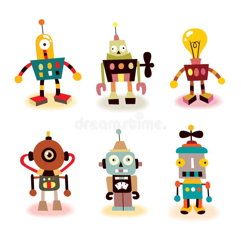 Cute Robots Collage Cartoon Retro Doodle Pattern Stock Vector ...