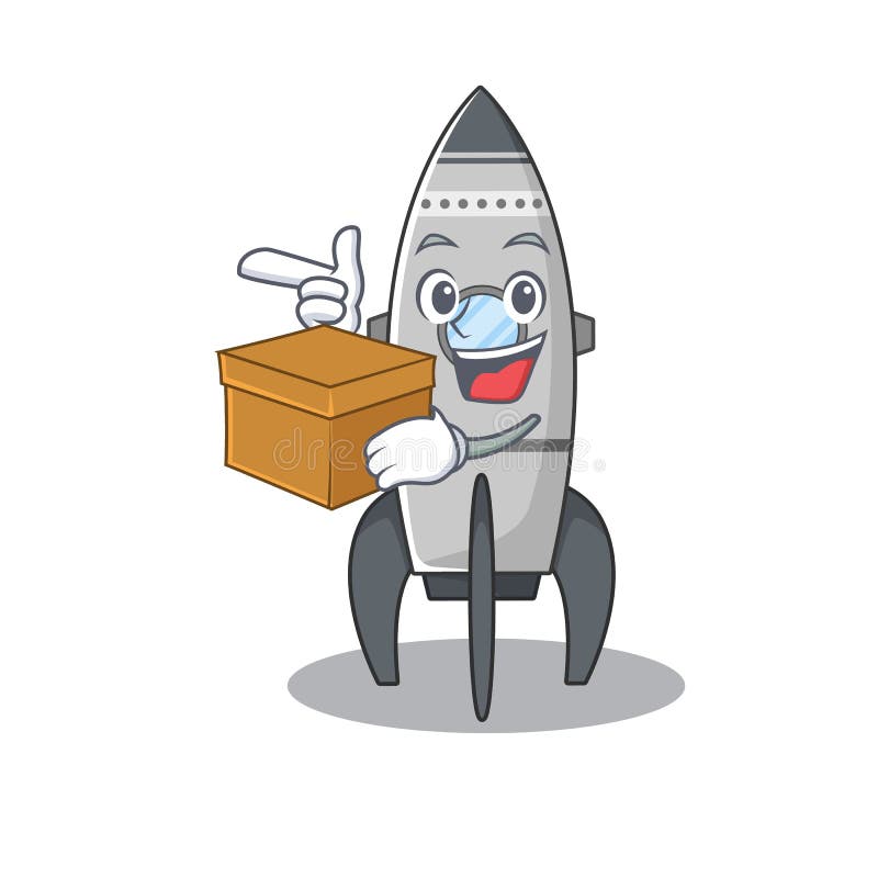 Cute Rocket Cartoon Character Having a Box Stock Vector - Illustration ...